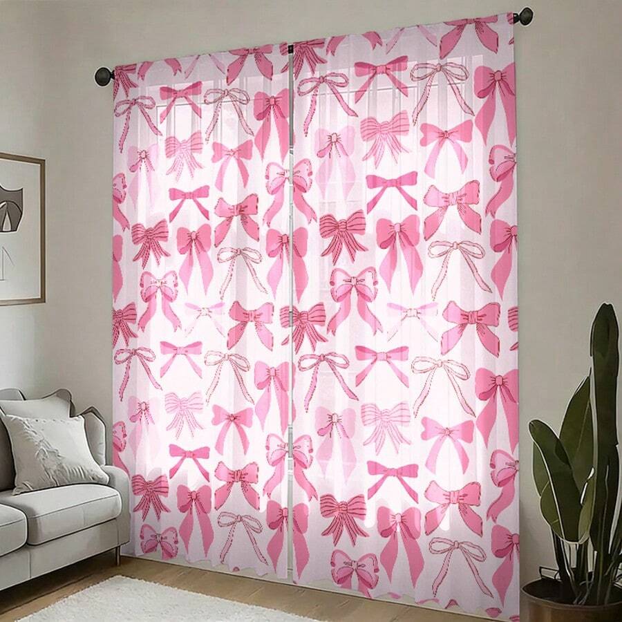 2pcs Pink Bow Print Decorative Curtains, No-Drill Rod Pocket Design ...