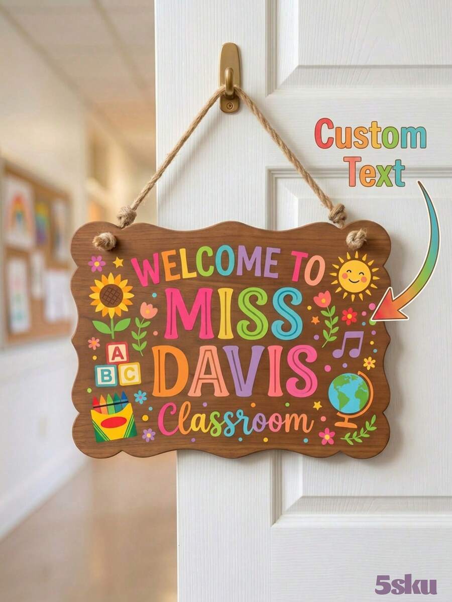 1pc Custom Wavy Border Natural Wood Classroom Door Sign, Personalized ...