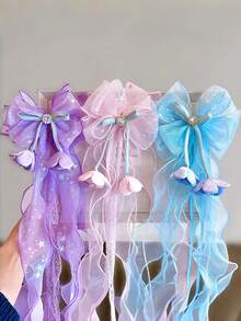 1pc Purple Star Tulle Bow Hair Clip, Tulip Pendant Long Wavy Ribbon ...