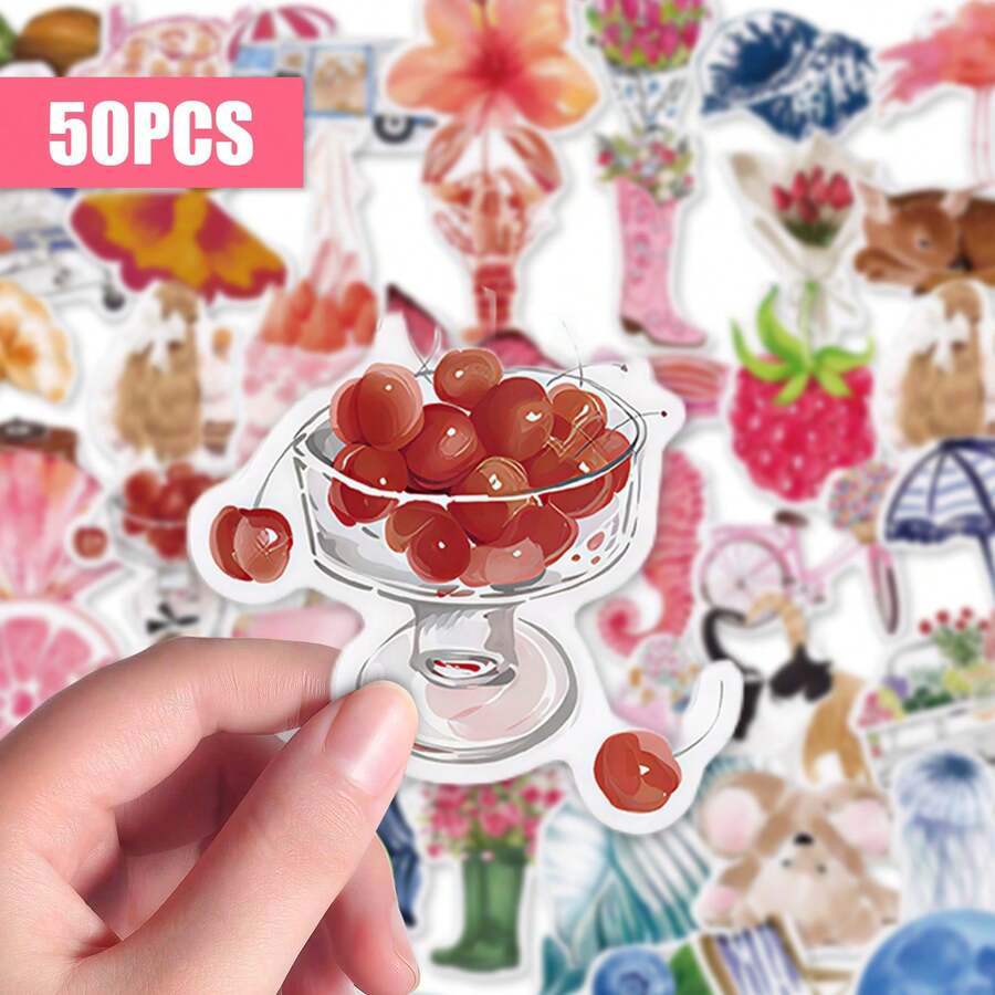 50Pcs Aesthetic Pastel Summer Beach Decals, Watercolor Tropical Fruit ...