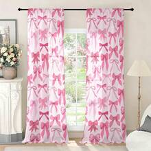 2pcs Pink Bow Print Decorative Curtains, No-Drill Rod Pocket Design ...