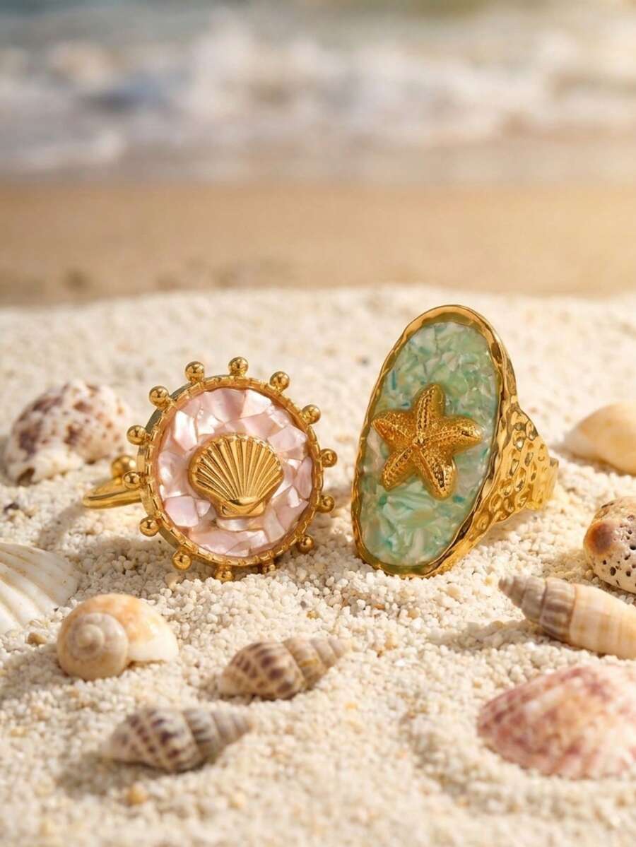 1pc Ocean Beach Shell & Starfish Inlaid Crushed Mother Of Pearl Open ...