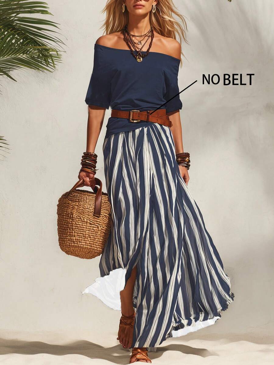 Women's Elegant 2-Piece Set, Solid Color Off-Shoulder Top + Striped ...