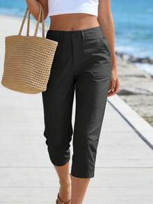 Ladies' Summer Solid Color Work Pants, Casual Loose High Waisted Seven ...