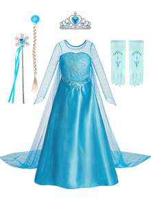 6pcs Girls Sky Blue Long Sleeve Floral Pattern Tulle Cape Dress Crown ...
