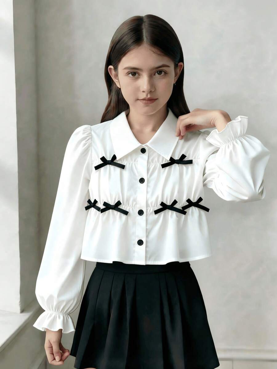 Girls' French Sweet Style Bow Decor Short Puff Sleeve Long Sleeve Small ...