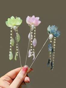 3pcs/1pc Chinese Style Blue Flower Pearl Tassel Hair Stick, Vintage ...