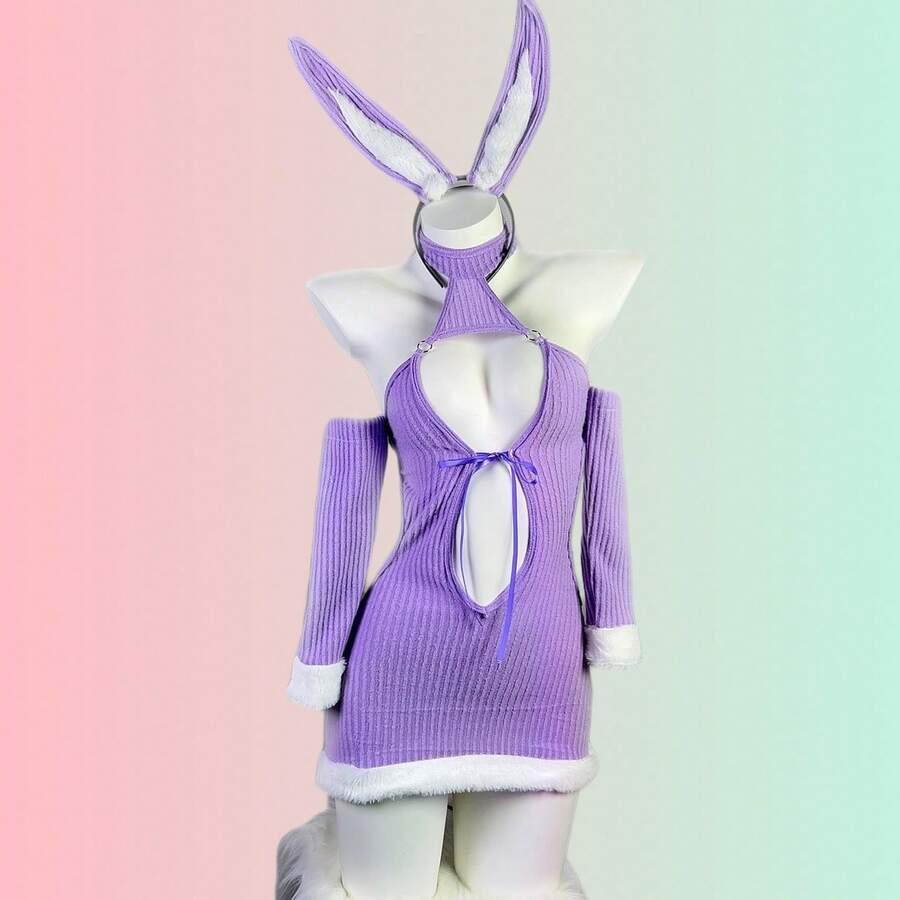 COS Sexy Purple Bunny Outfit With Bunny Ear Halter Neck And Hollow ...