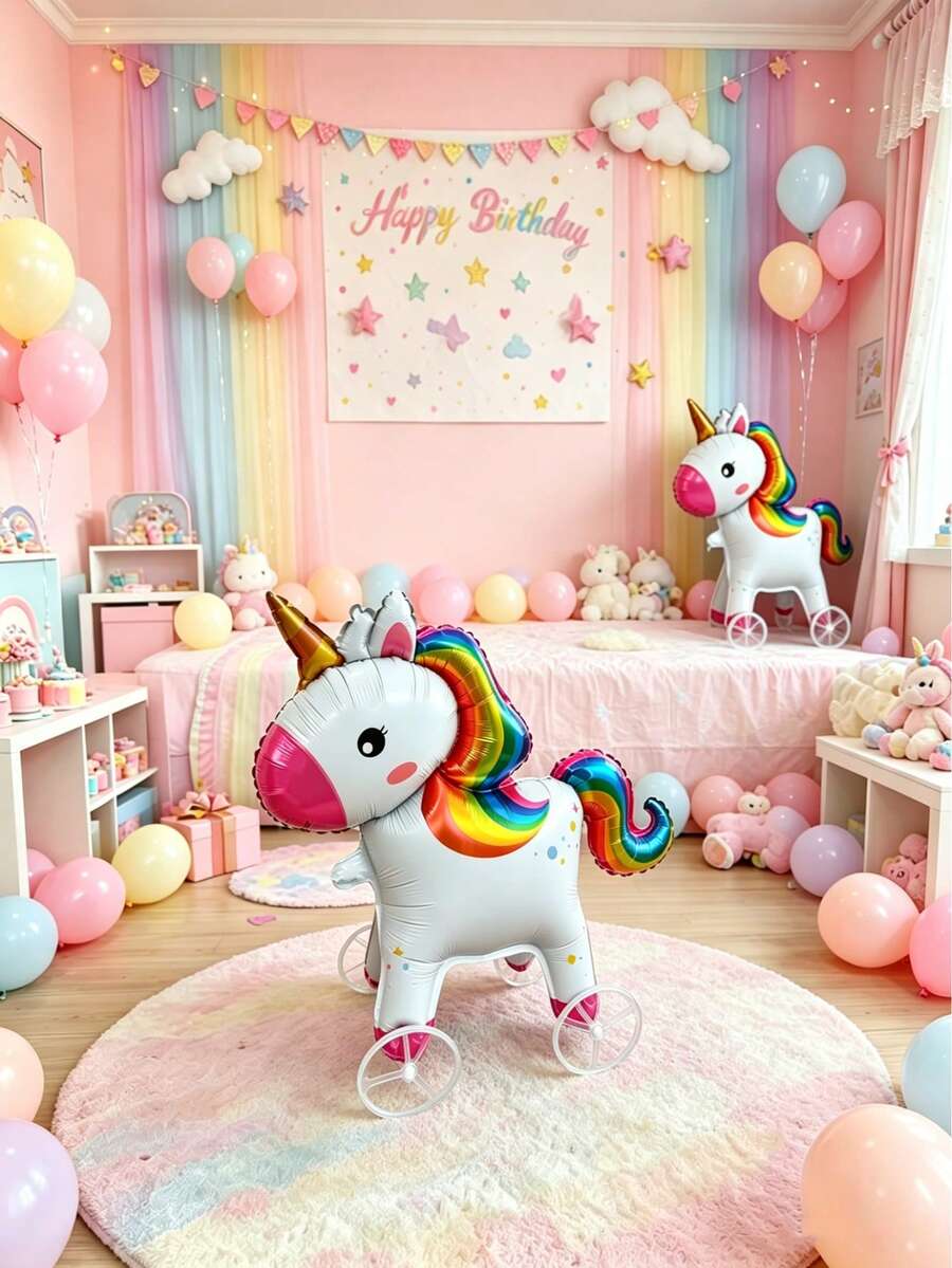 1pc 26.77 Inch Rainbow Unicorn Shaped Foil Balloon With Wheels, Pull ...