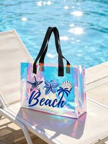 Holographic Rainbow Starfish And Shell Print Transparent Tote Bag ...