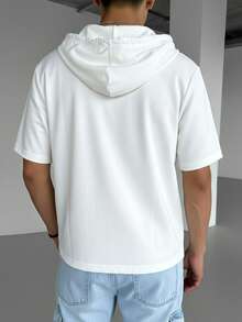 Minimalist Plain White Half-Zip Drawstring Hooded Short Sleeve Men's ...