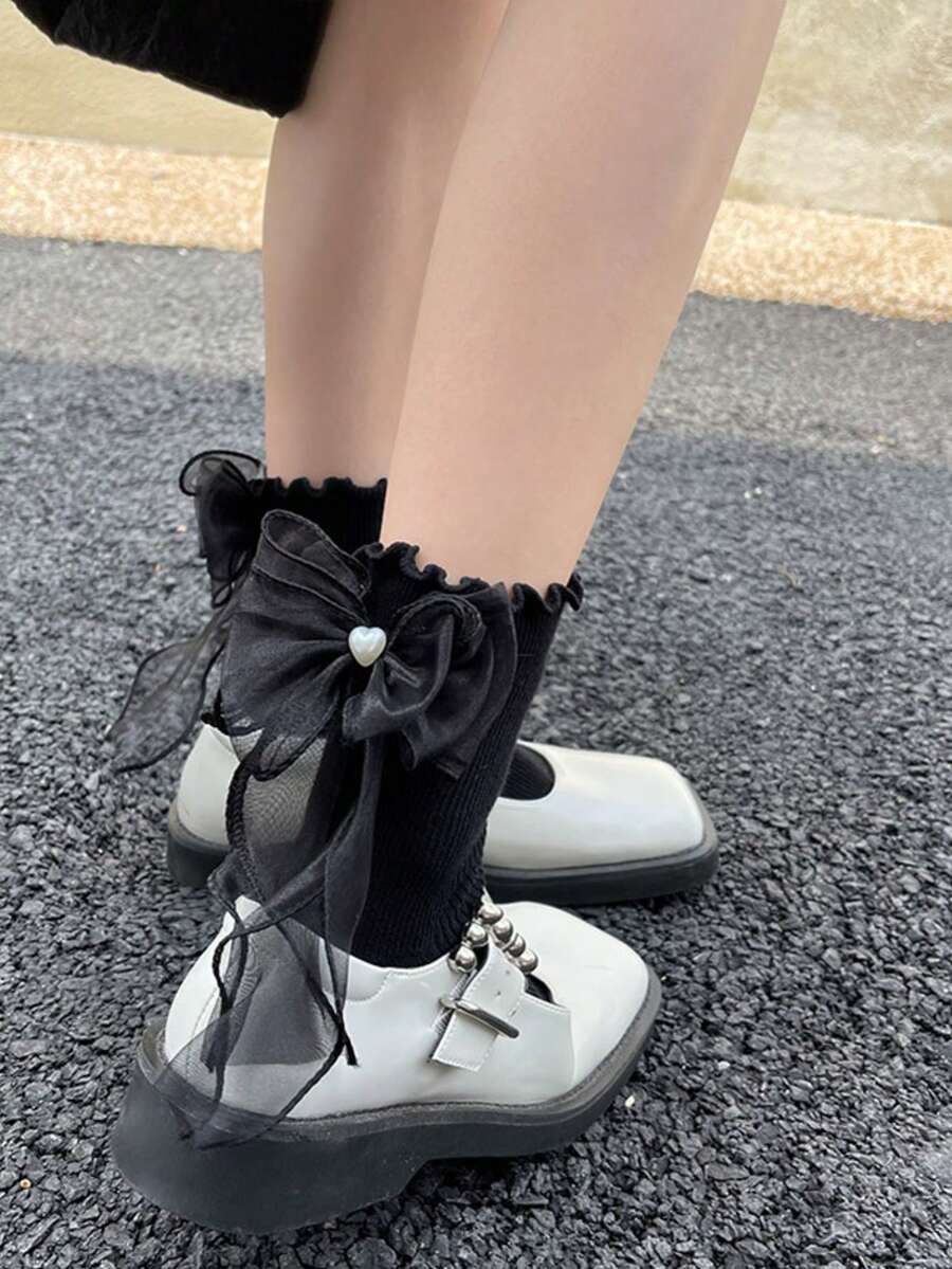 3-Layer Tulle Bow Sweet Heart Beaded Ruffle Edge Soft Girl Slouch Socks ...