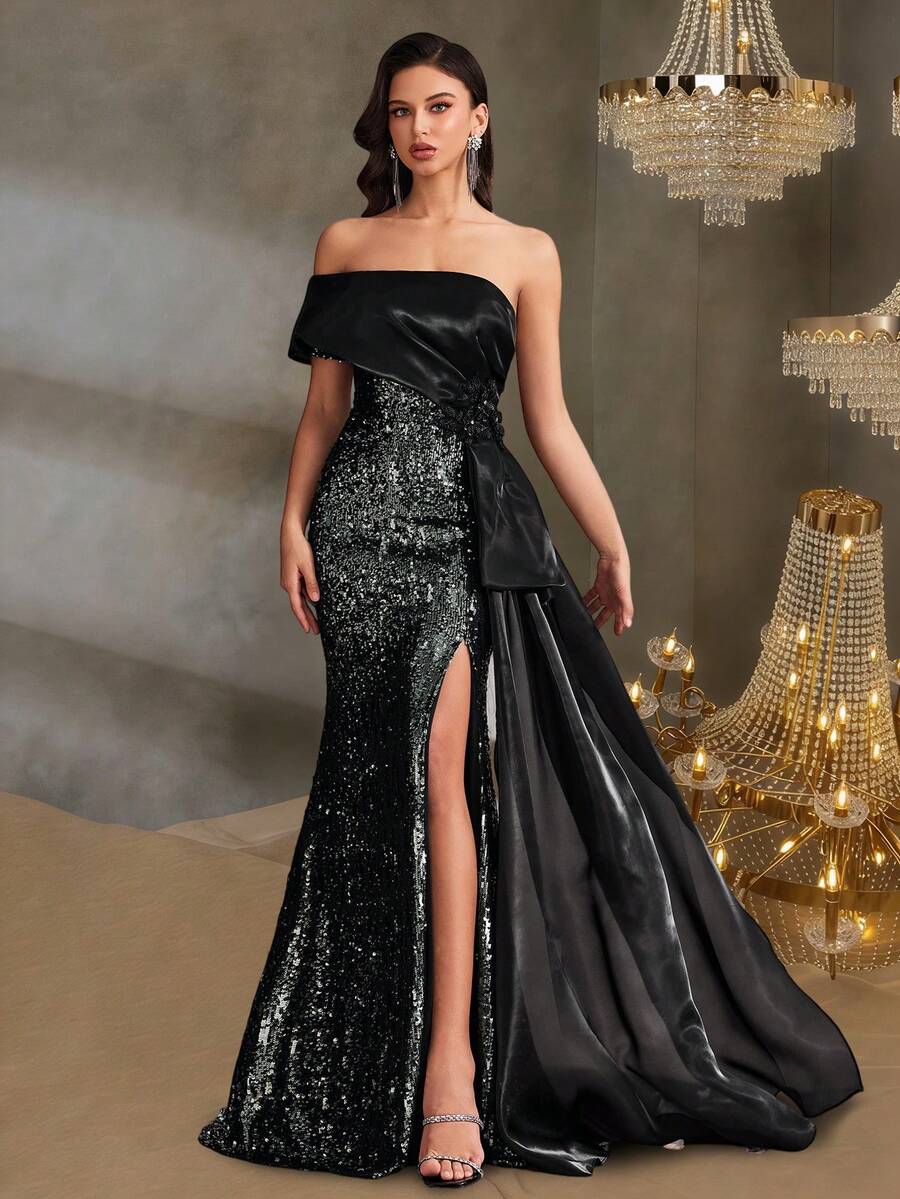 Women's Summer Elastic Elegant Sequin Fitted Strapless Sleeveless High ...