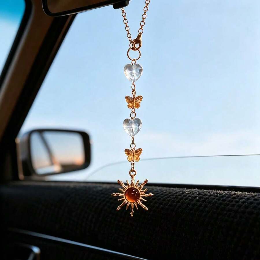 1pc Vintage Sun Butterfly Heart Car Hanging Ornament, Gold Crystal ...