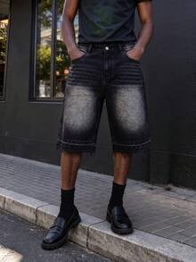Vintage Men's Washed Denim Knee Length Shorts 2-Piece Set, Yellow Mud ...