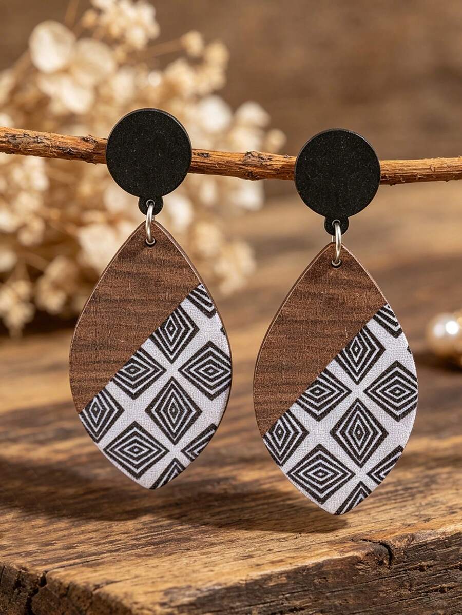 1 Pair Bohemian Patchwork Wooden Teardrop Earrings, Geometric Rhombus ...