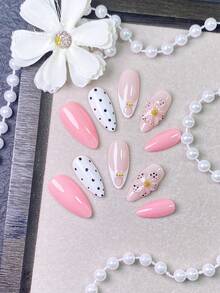 10 Pieces Of Handcrafted Press On Nails, Summer Nails,Almond-Shaped ...