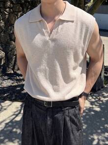 Men's Unisex POLO Collar Knit Top Sleeveless Loose Casual Versatile ...