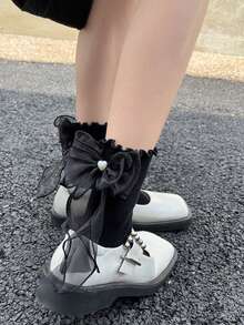 3-Layer Tulle Bow Sweet Heart Beaded Ruffle Edge Soft Girl Slouch Socks ...