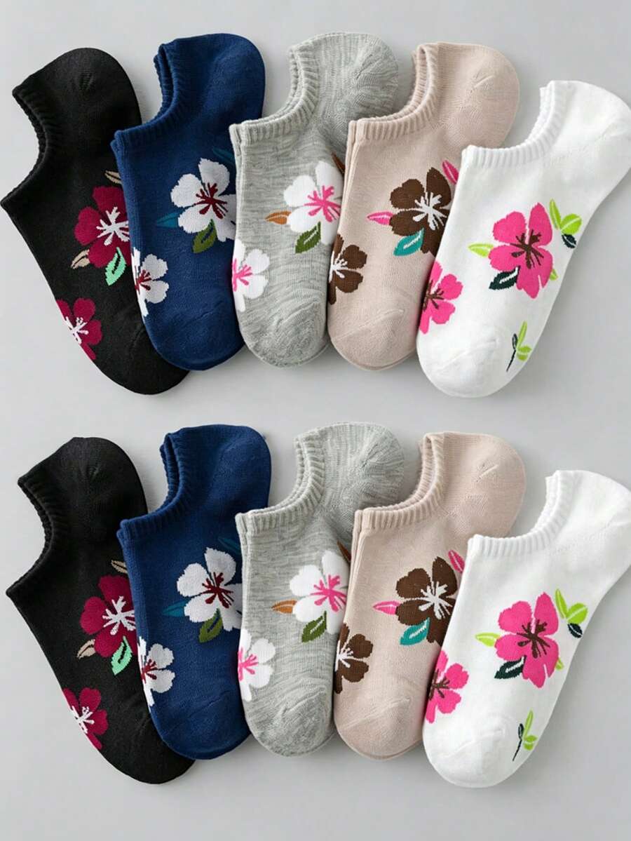10 Pairs Random Vintage Floral Print Low-Cut Invisible Women's Boat ...