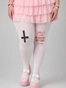 1 Pair Plus Size Women White Cross Letter Print Tights, Gothic Graphic ...