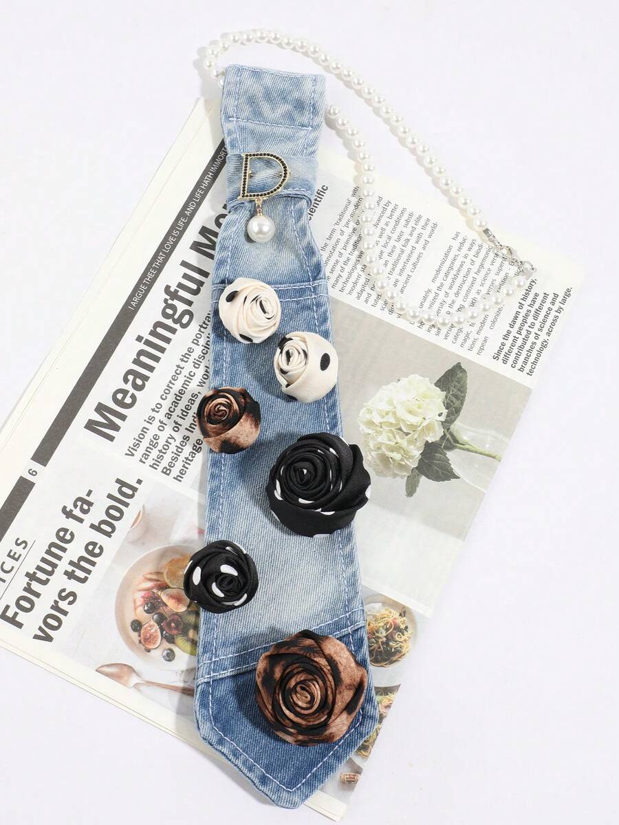 1pc Vintage Pre-Tied Decorative Necktie With 3D Rose, Pearl Chain And ...