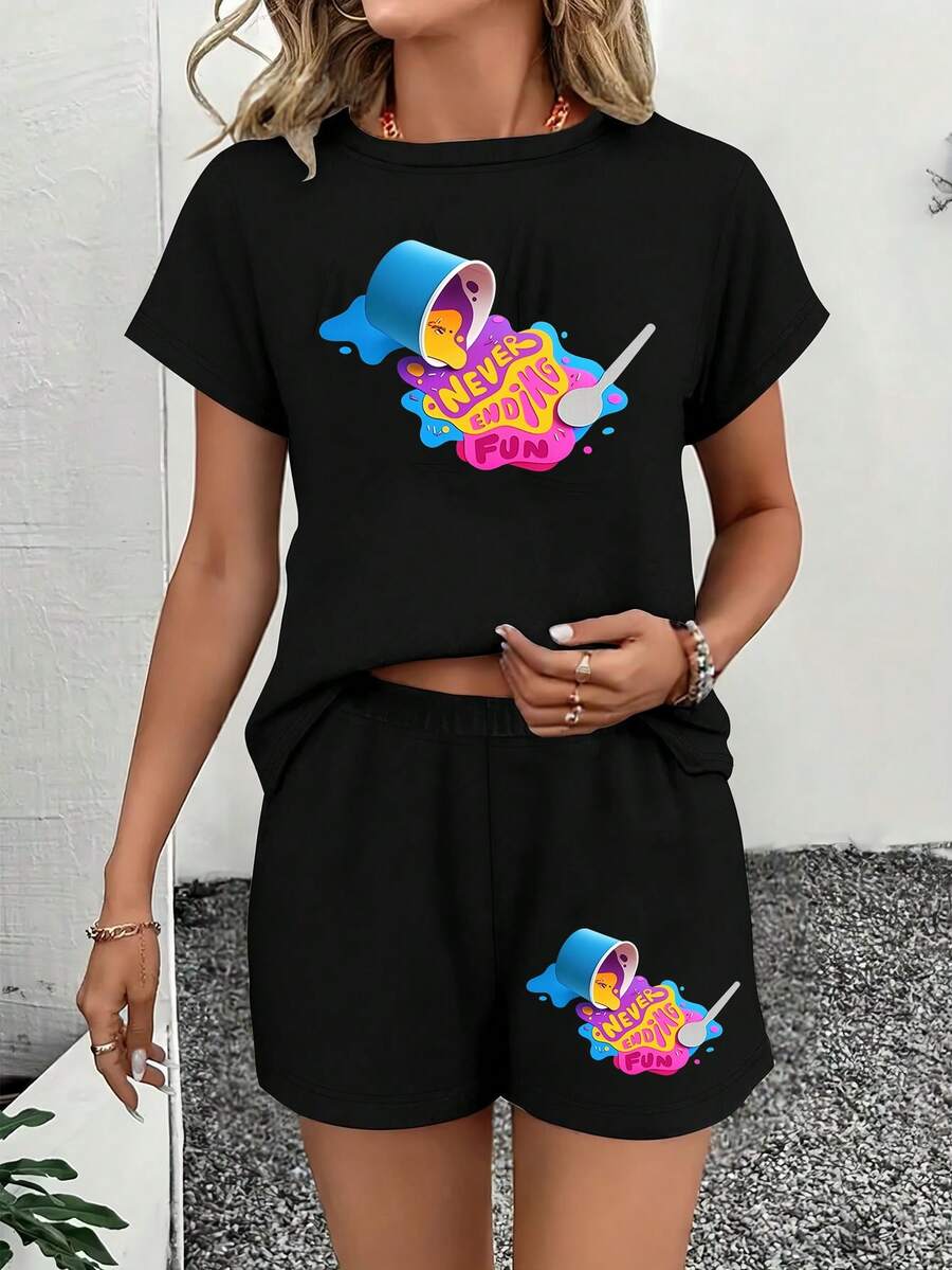 Women's Casual T-Shirt And Shorts, Black, Summer Outfit, Cute Print T ...