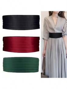 Women's Simple Retro Elastic Fabric Wide Belt Classic Pleated Solid ...