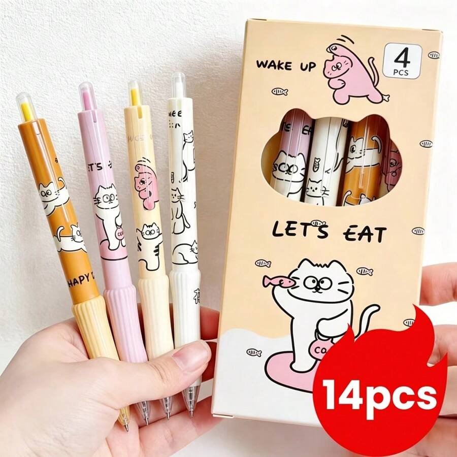 14Pcs Cat-Themed Ballpoint Pens (4 Pens + 10 Refills), Cute Kitten ...