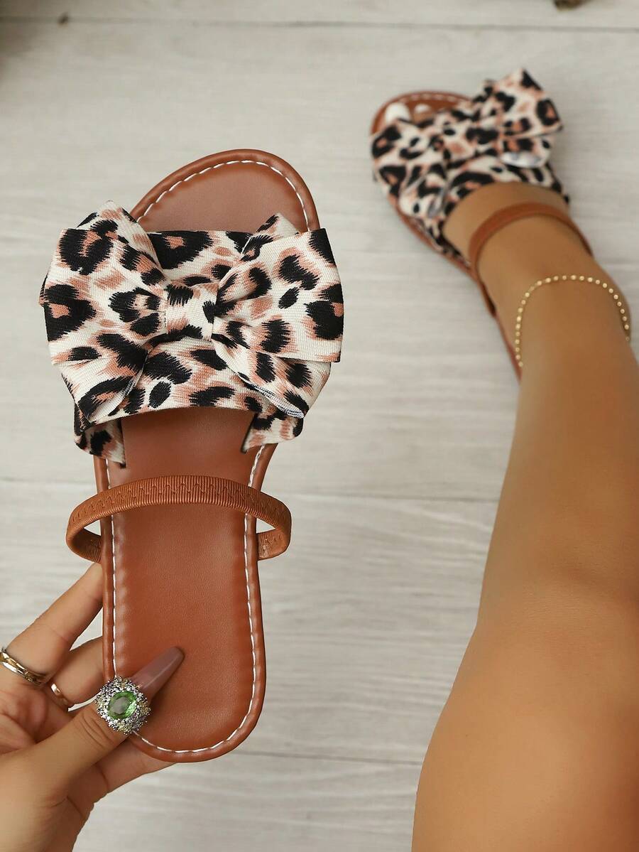 Women's Leopard Print Bow Summer Vacation Beach Casual Outdoor Flat ...