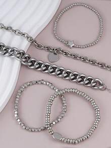 5Pcs Silver Plated Stackable Bracelet Set, Chunky Cuban Link & Beaded ...