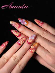 10pcs Almond Shaped Handmade Acrylic Press-On Nails, High-End 3D Floral ...