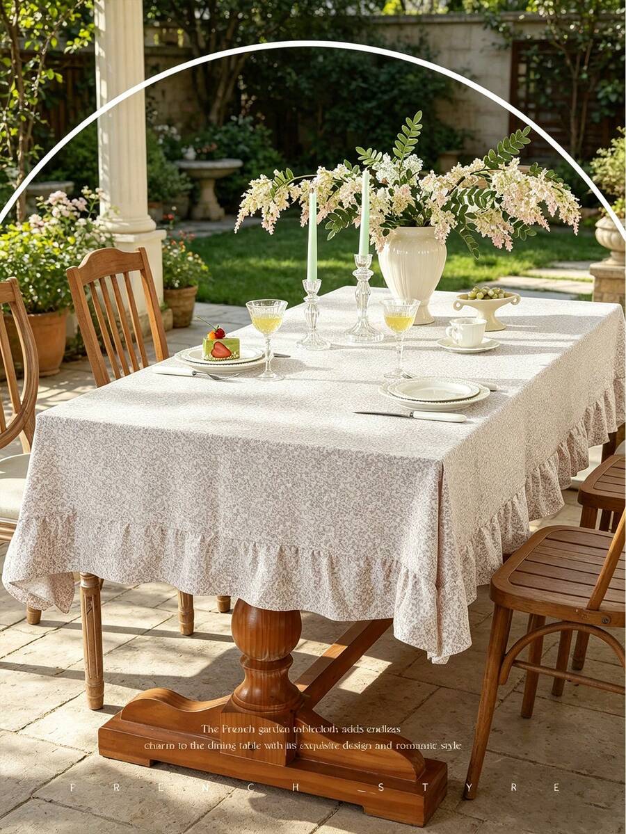 1pc Tablecloth With Scalloped Lace Trim, Polyester Fabric, Light Brown ...
