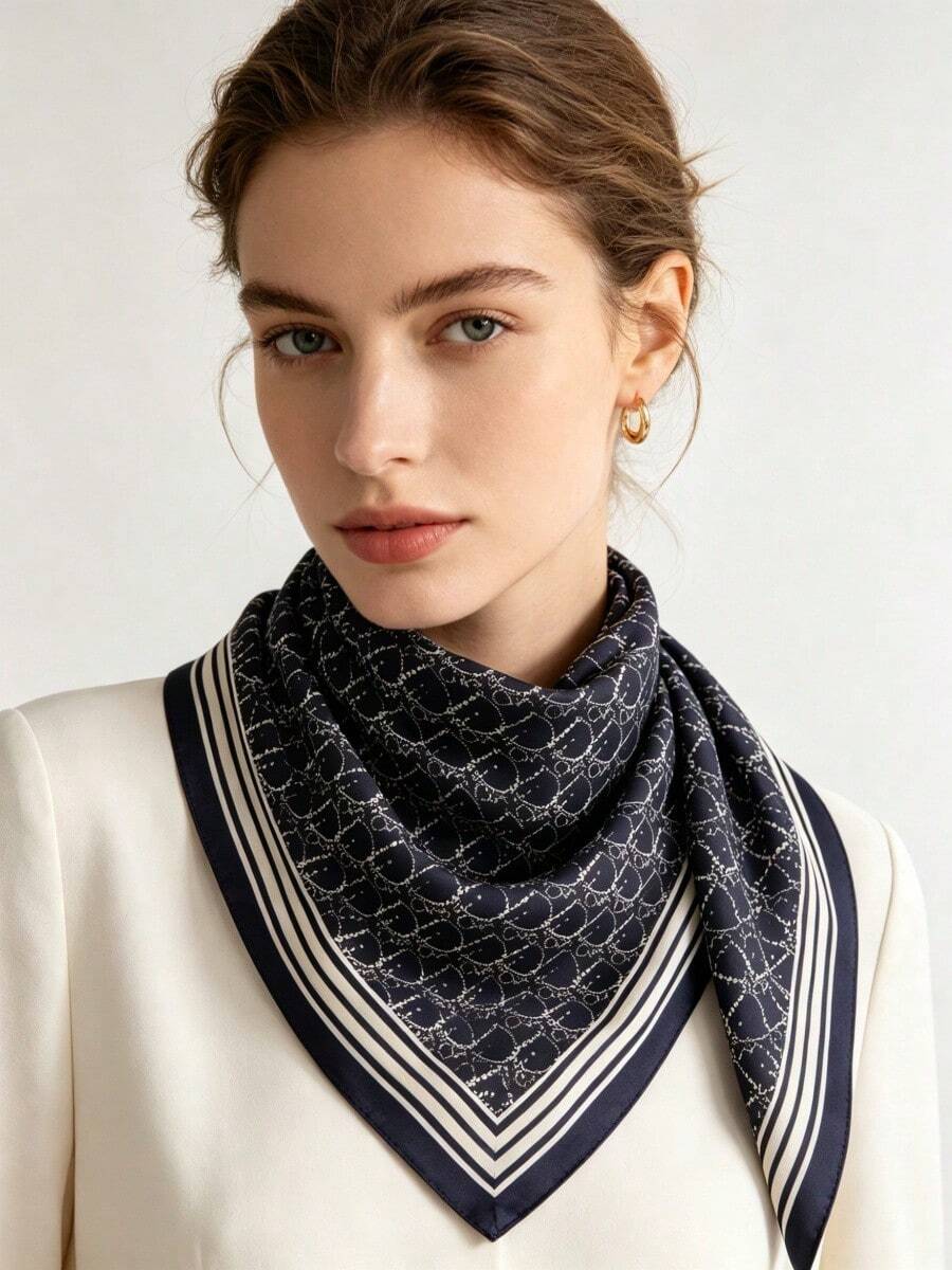 Moemton Vintage Navy Blue Letter Print Silk Scarf, Elegant Striped Trim ...