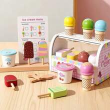 1 Set Wooden Pretend Play Ice Cream Cart, Colorful Ice Cream Cone ...