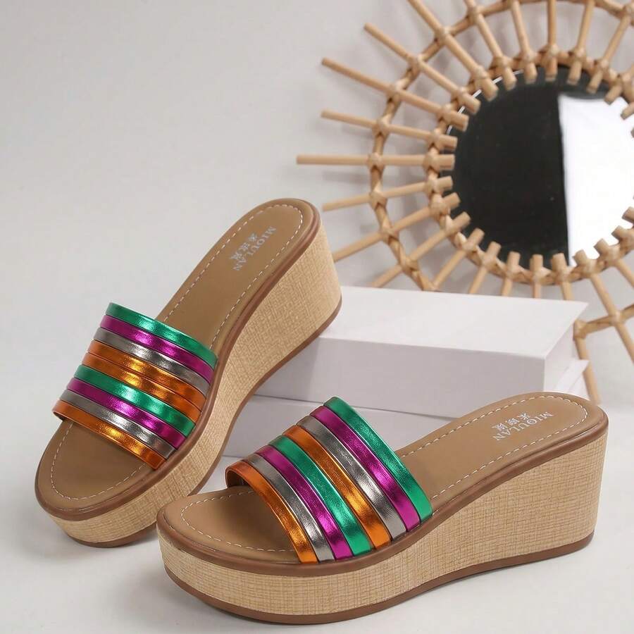 Women's European And American Style Colorful Striped Wedge Sandals ...