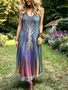 Plus Size Bohemian Rainbow Tree Of Life Flare A-Line Strappy Dress ...