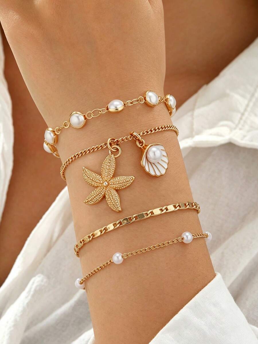 4pcs/Set Minimalist Versatile Pearl Handmade Chain Gold-Tone Bracelet ...