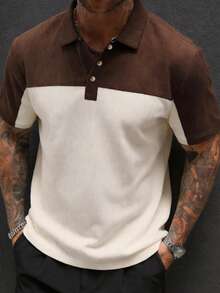Plus Size Men's Retro Color Block Corduroy Collar Polo Shirt, Half ...