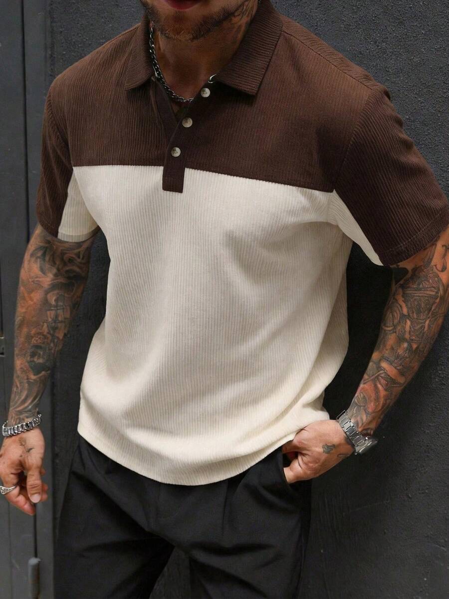 Plus Size Men's Retro Color Block Corduroy Collar Polo Shirt, Half ...