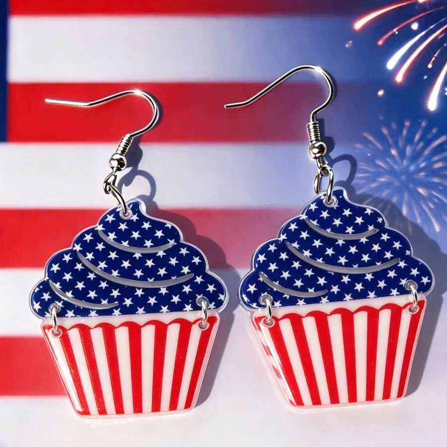 1 Pair Of American Flag Cupcake-Shaped Earrings, Patriotic July 4th ...