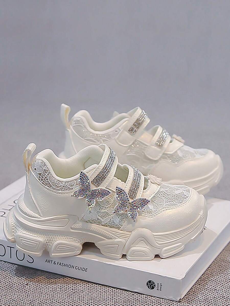 1 Pair Kids Boys & Girls Lace Rhinestone Chunky Sneakers, Glitter ...