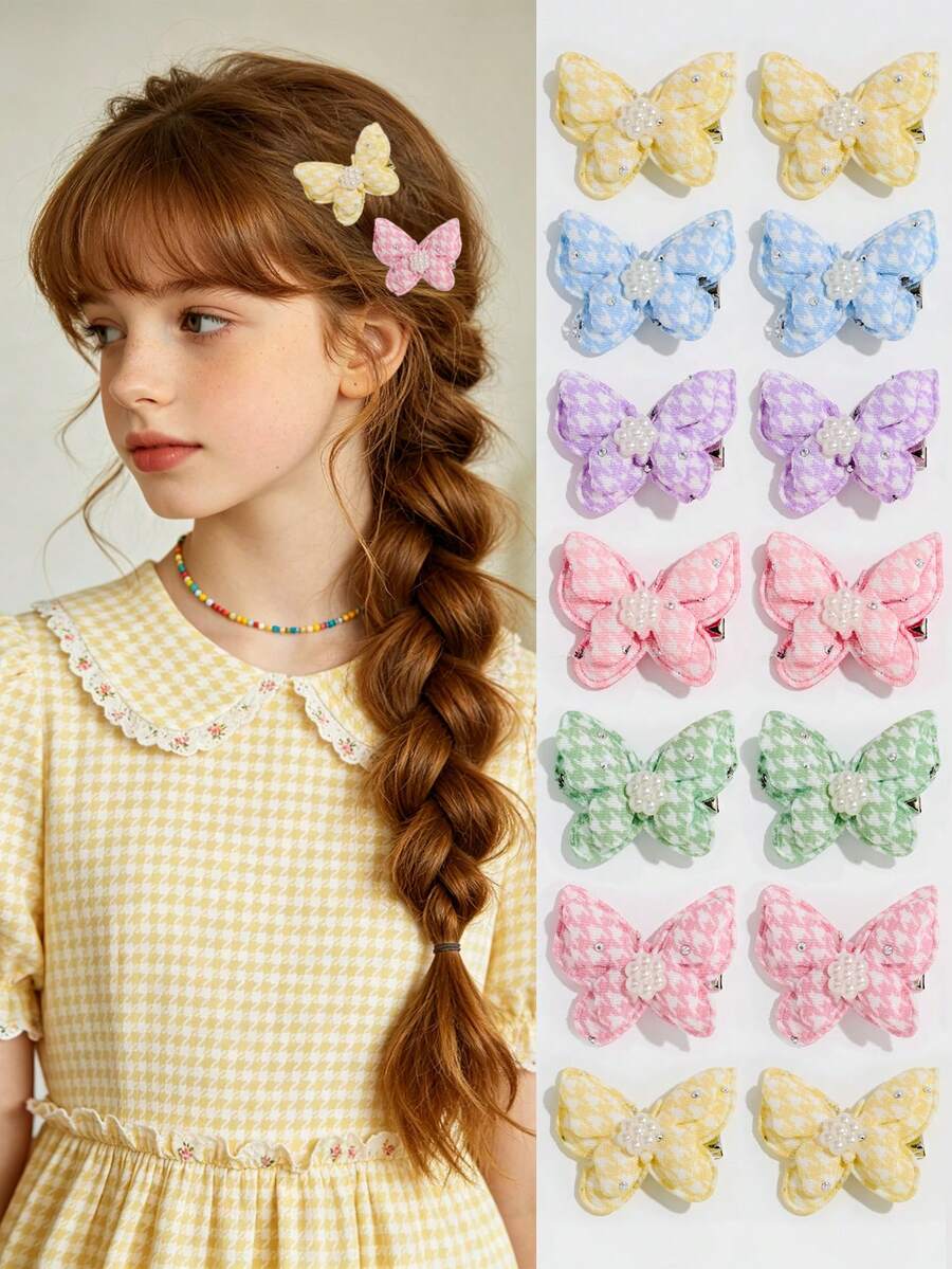 8pcs Random Candy Color Houndstooth Flower Pearl Double Layer Butterfly ...