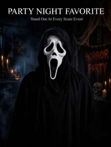 Halloween Ghost Face Latex Mask With Black Hood, Scary Horror Costume ...