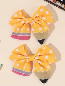 2pcs Back To School Yellow Polka Dot Pencil Bow Hair Clips For Girls ...
