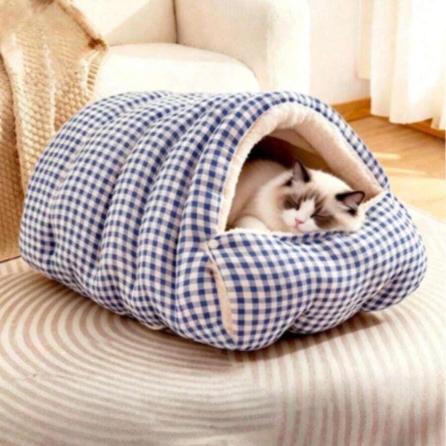 1pc Plaid Pattern Cat Bed, Winter Warm, Enclosed Pet Bed Comfortable ...