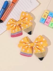 2pcs Back To School Yellow Polka Dot Pencil Bow Hair Clips For Girls ...