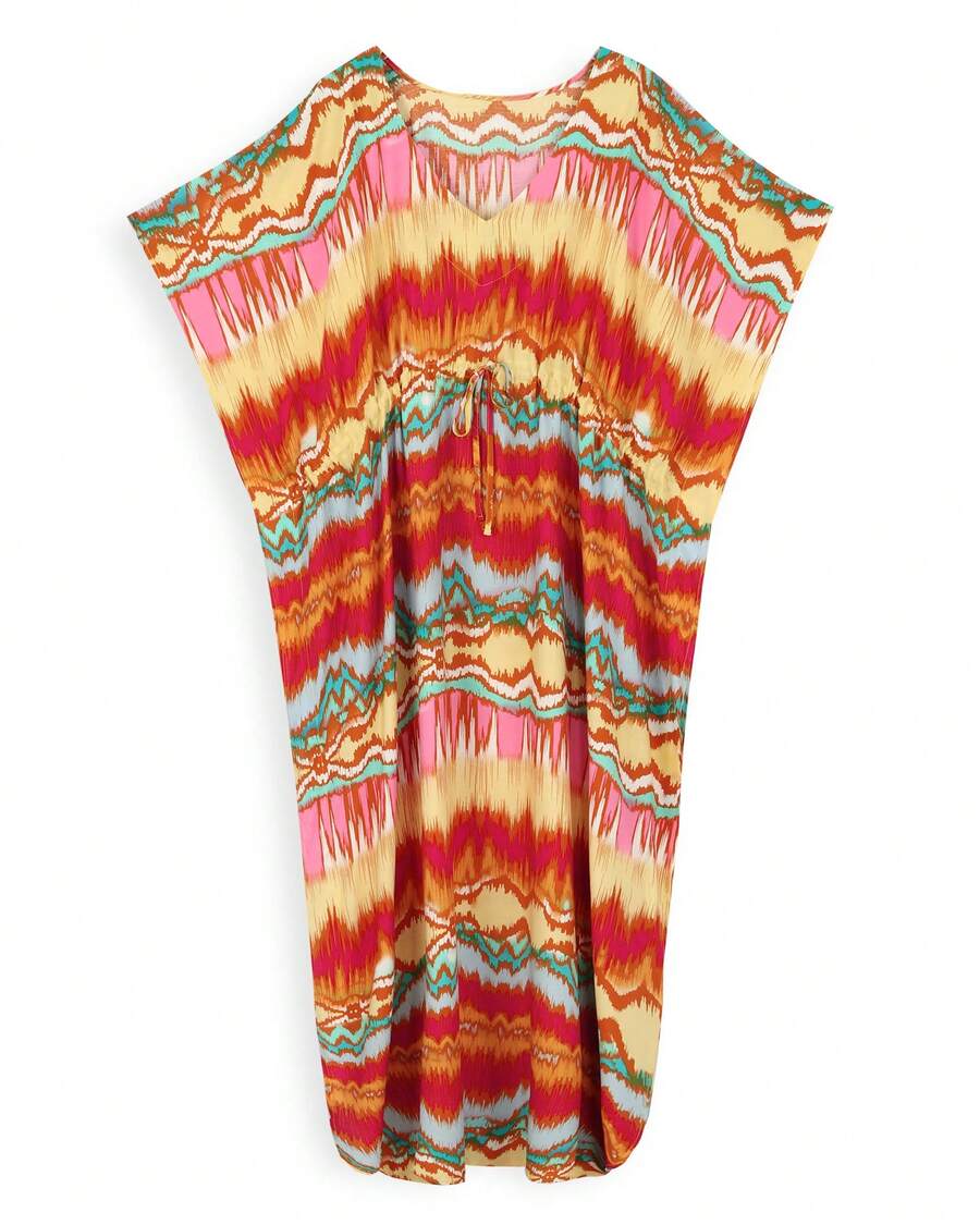 Women Floral Kaftan Dress V Neck Batwing Sleeve Beach Cover Up Boho ...