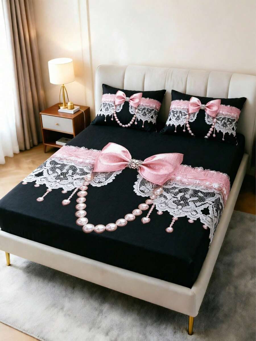 1PC Cute 2D Bow Pattern Fitted Sheet Mattress Protector Bed Sheet Soft ...