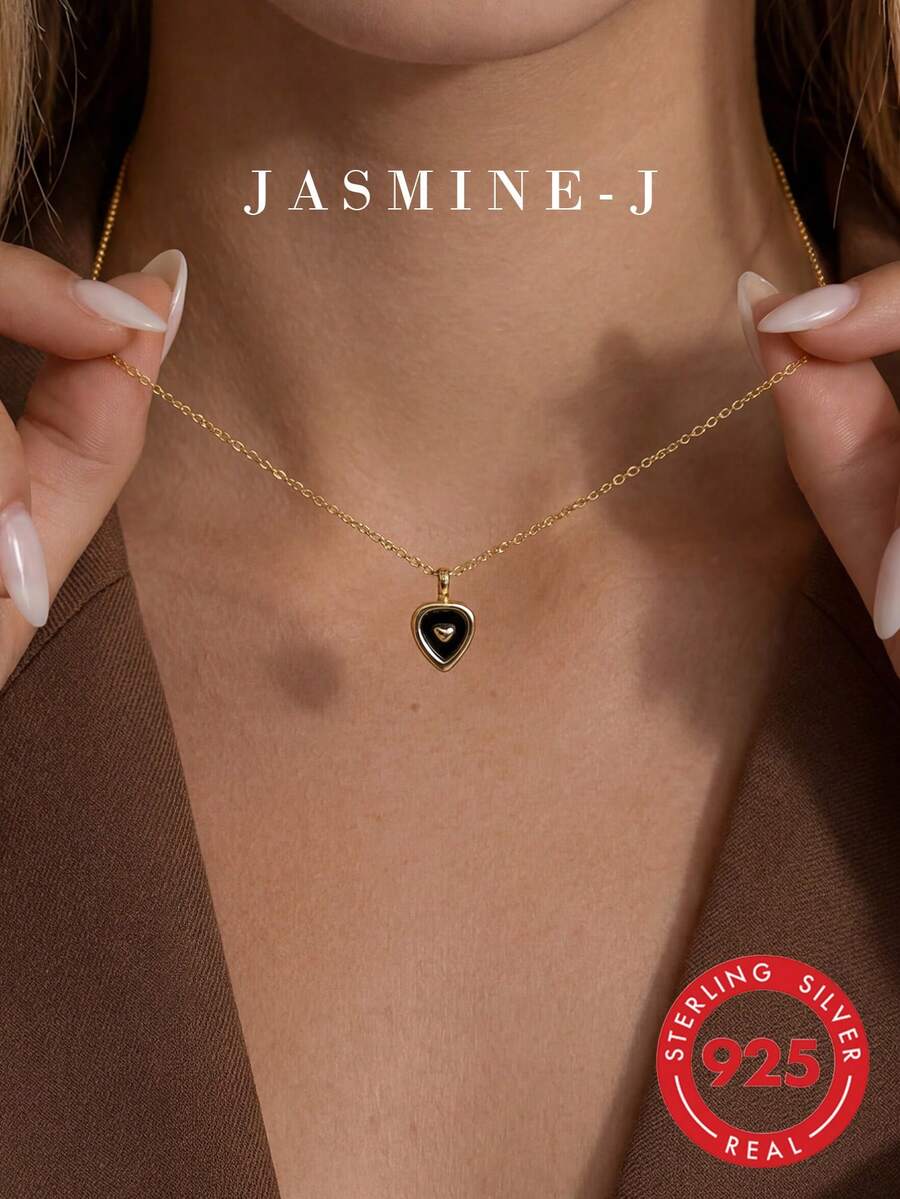 1pc S925 Sterling Silver Black Heart Pendant Necklace, Gold Heart ...